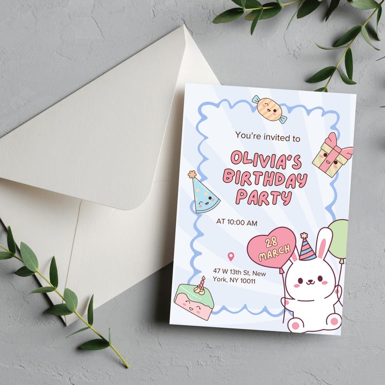 Kawaii Birthday Invitation Canva Template, Pink Cartoon Party Invite ...