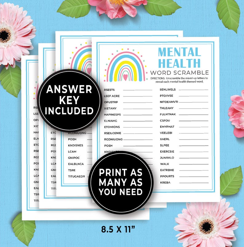 Printable Mental Health Word Scramble Game for Teens Adults Seniors ...