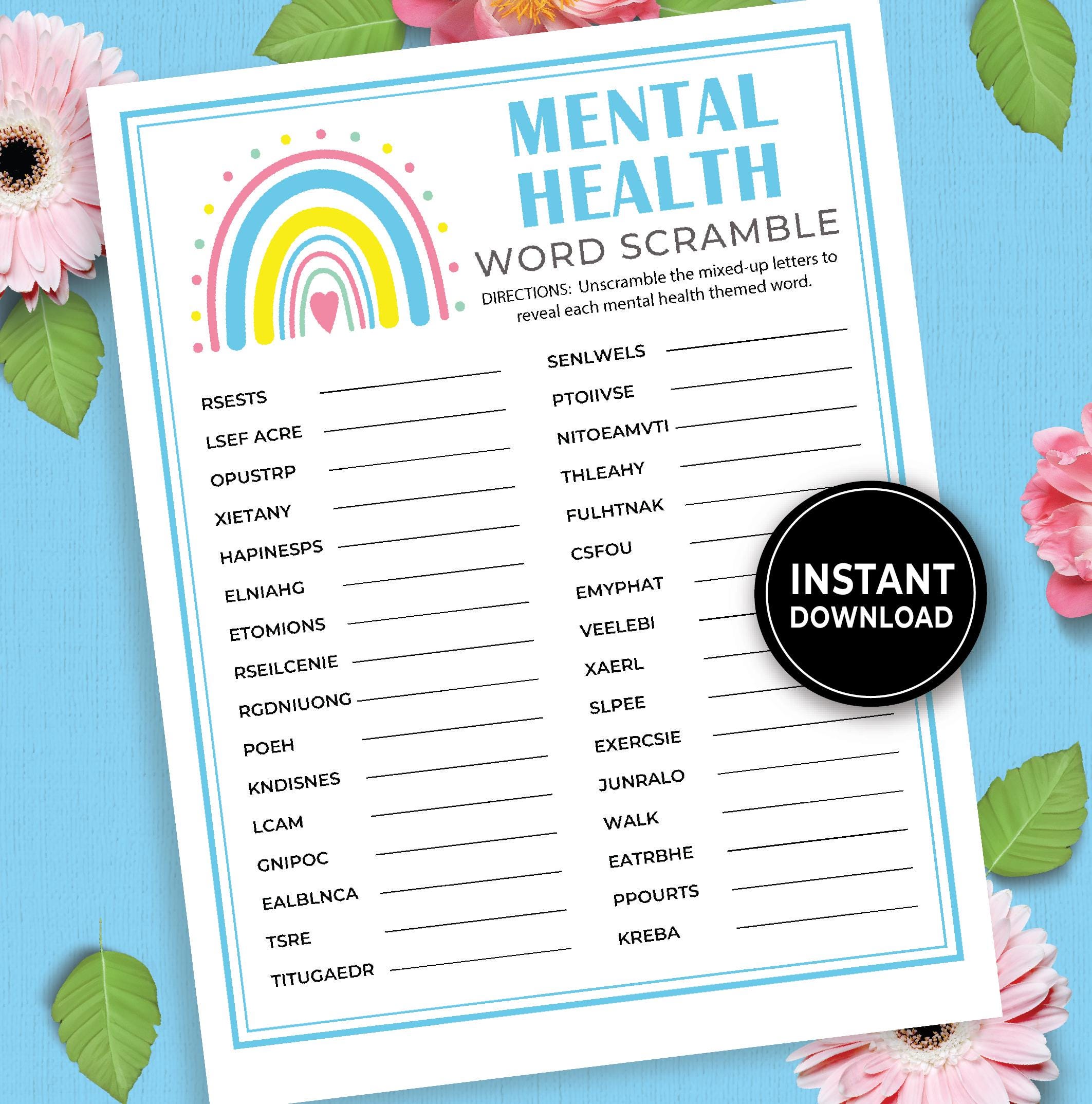 Printable Mental Health Word Scramble Game for Teens Adults Seniors ...