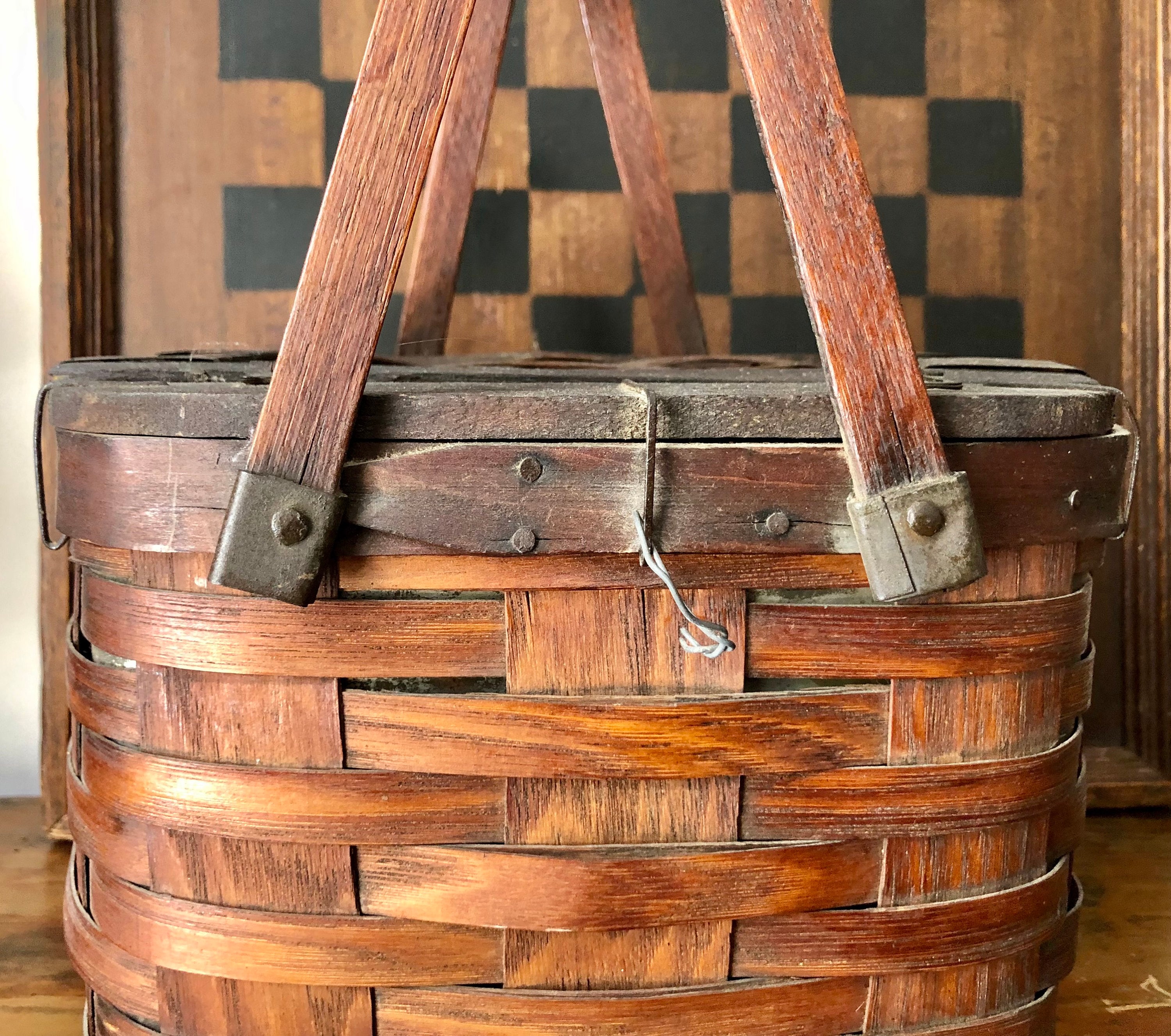 Home & Living Baskets Antique Zinc Lined Woven Wood Lunch Basket ...