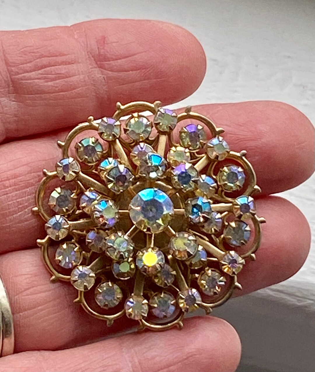 Vintage Rhinestone Brooch,round Gold Tone Brooch - Etsy