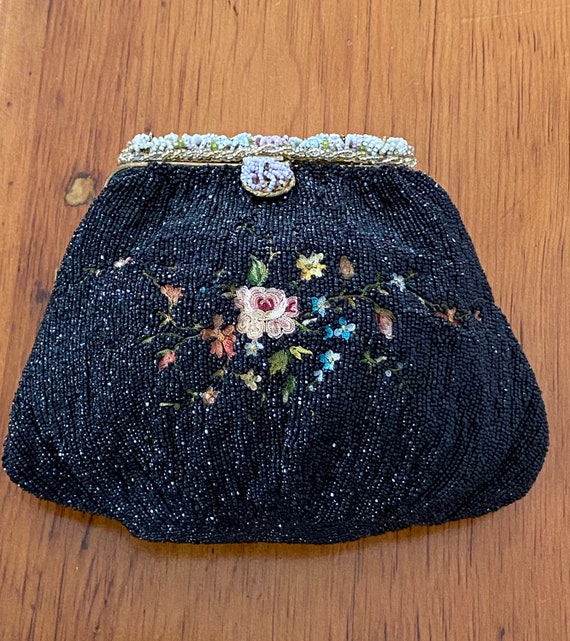Antique French Floral Embroidered Glass beaded Handba… - Gem