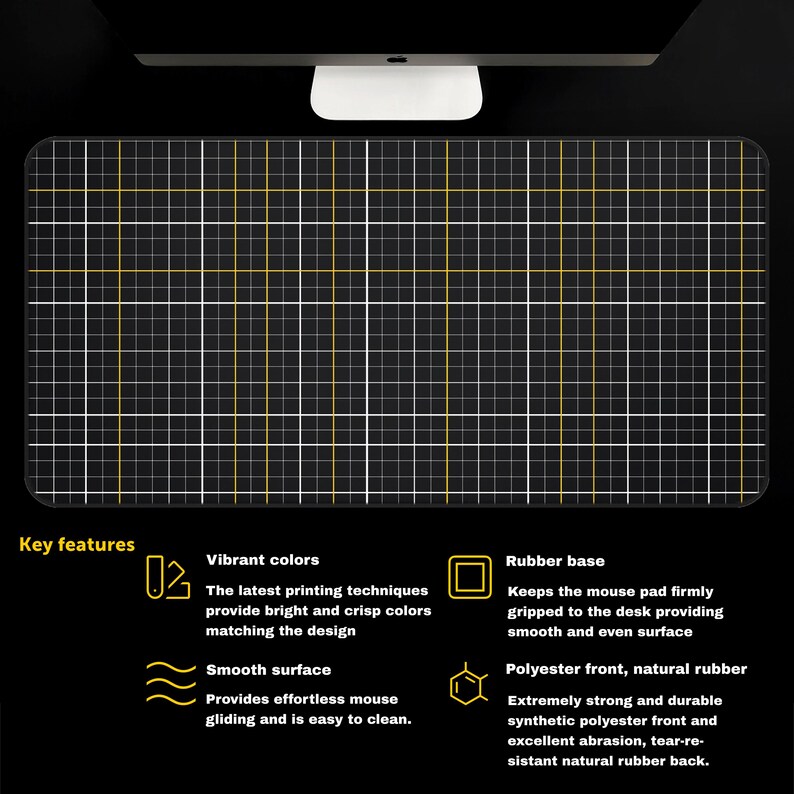 Grid Desk Mat, Minimalist Graph Mouse Pad | Black Yellow Modern Work ...
