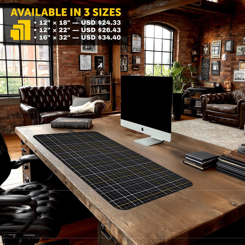 Grid Desk Mat, Minimalist Graph Mouse Pad | Black Yellow Modern Work ...