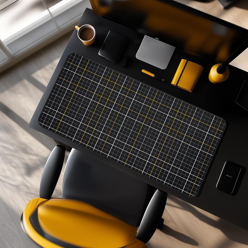 Grid Desk Mat, Minimalist Graph Mouse Pad | Black Yellow Modern Work ...