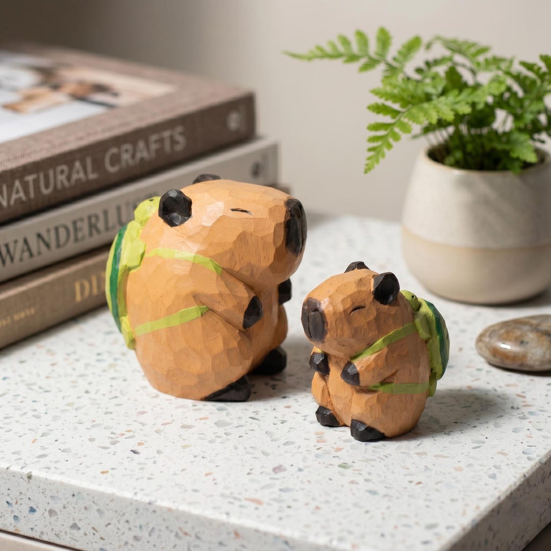 Whimsical Hand-carved Capybara With Turtle Backpack Figurine, Wooden ...