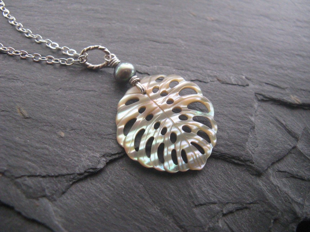 Carved Abalone Shell Pendant, Monstera Leaf, Freshwater Pearls, Mother ...