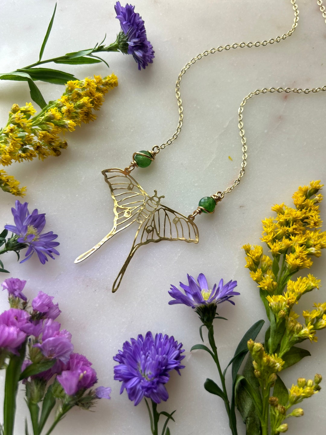 LUNA Moth Gold and Emerald Wire Wrapped Crystal Stone Necklace - Etsy