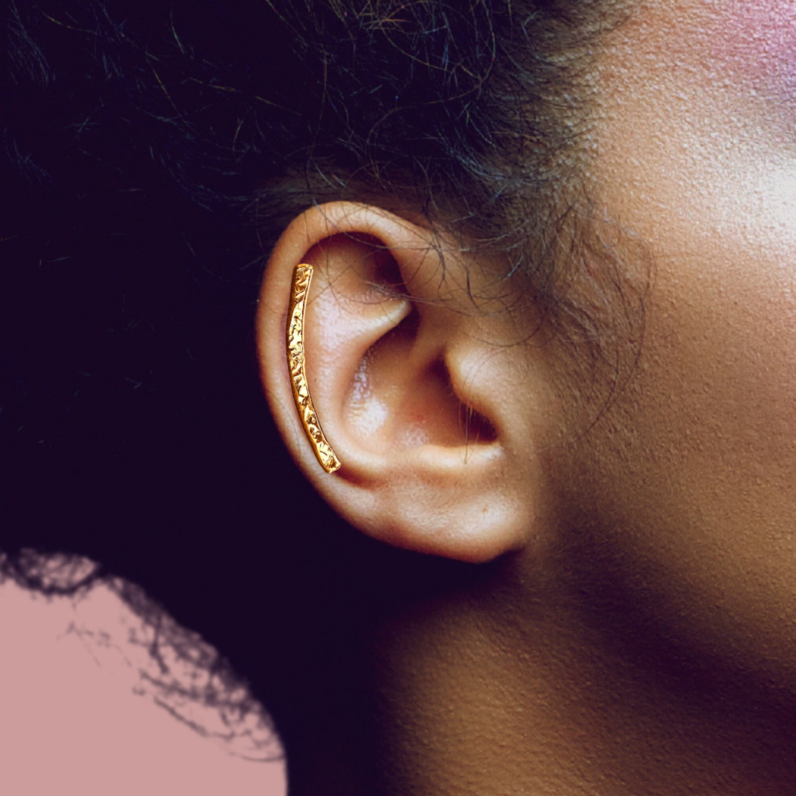 Raw Silk Cartilage Bar Earring 14K Gold Fill Long Hammered - Etsy