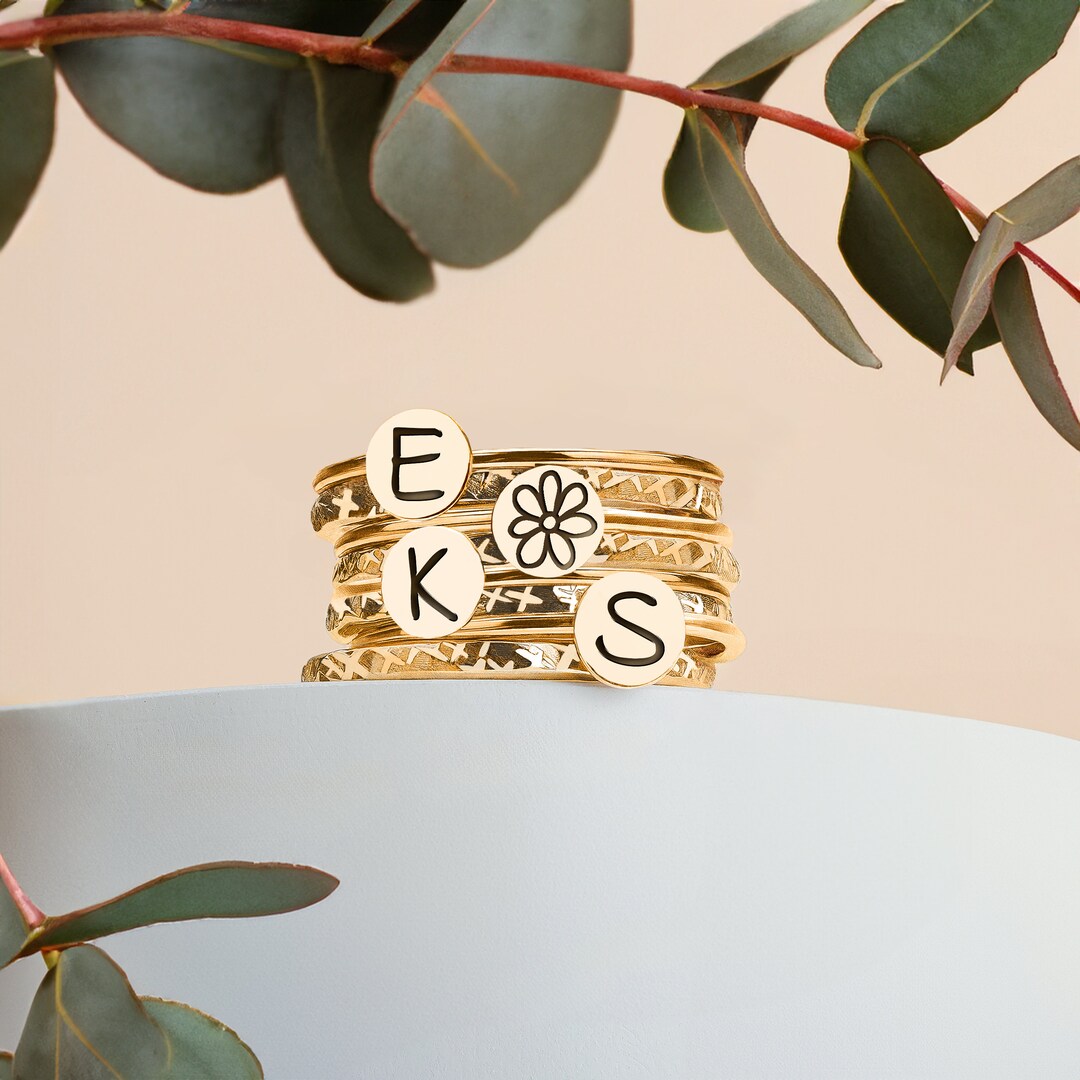 Stackable Initial Rings | Personalized Letter Monogram Stacking Family Rings | 4 Initials, 8 ...