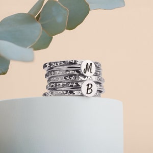 Initial Stacking Rings Set of 7 in Gold, Silver, or Rose Gold | Personalized Custom Letter ...