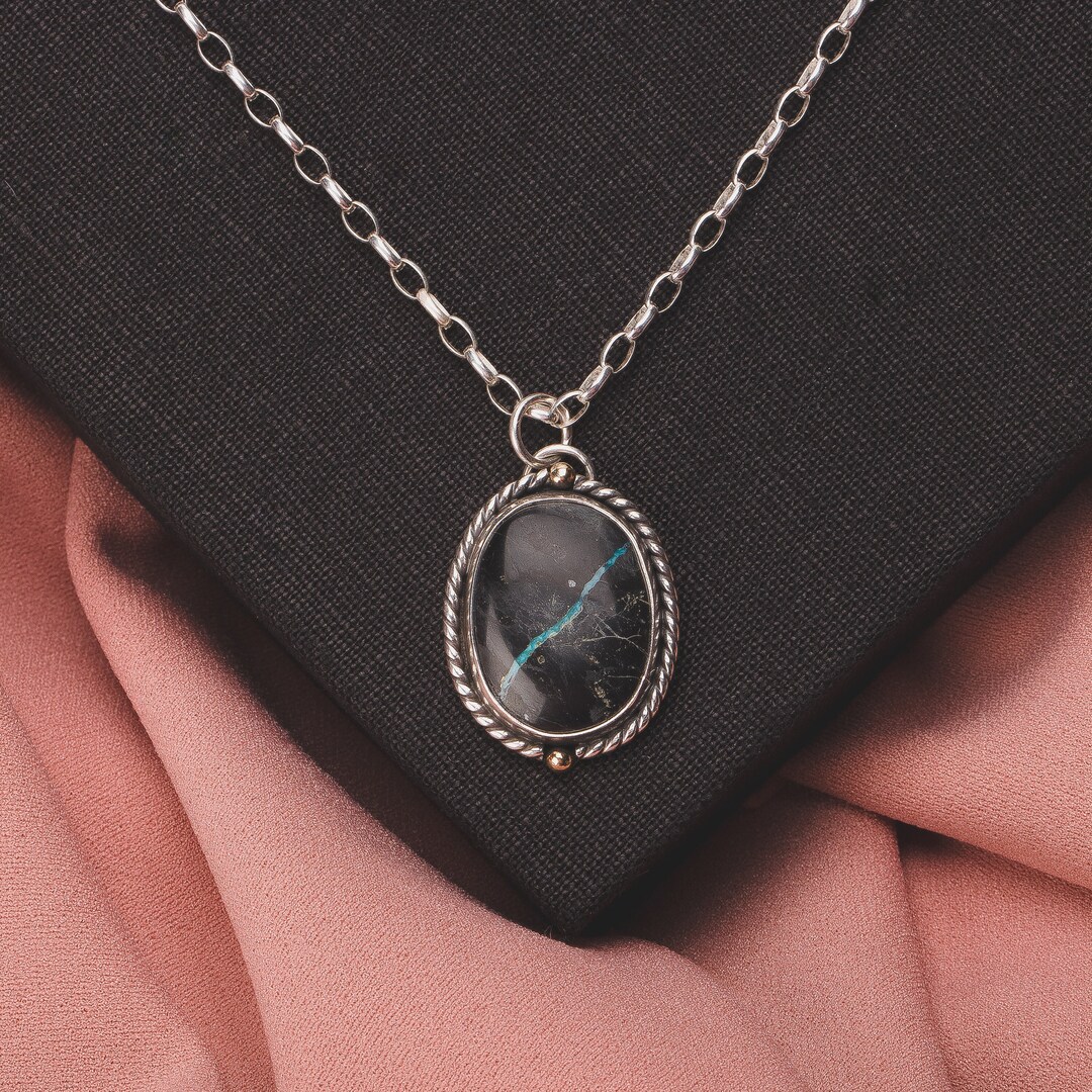 Black Viking Ribbon Turquoise Necklace in Sterling Silver and 14K Gold ...