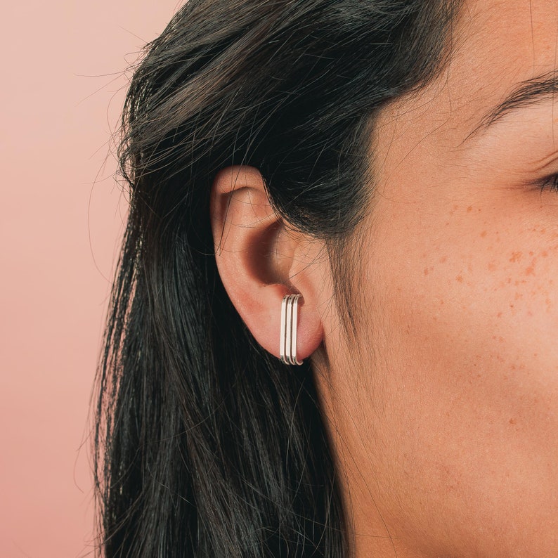 Triple Suspender Earrings Sterling Silver Line Bar Cuff Stud - Etsy