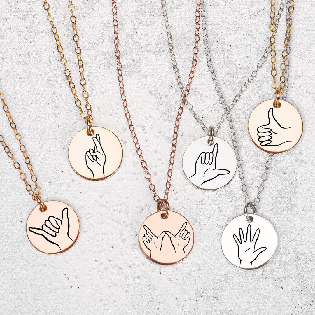 Hand Gesture Necklace | Engraved Disc Pendant, Silver Gold or Rose ...