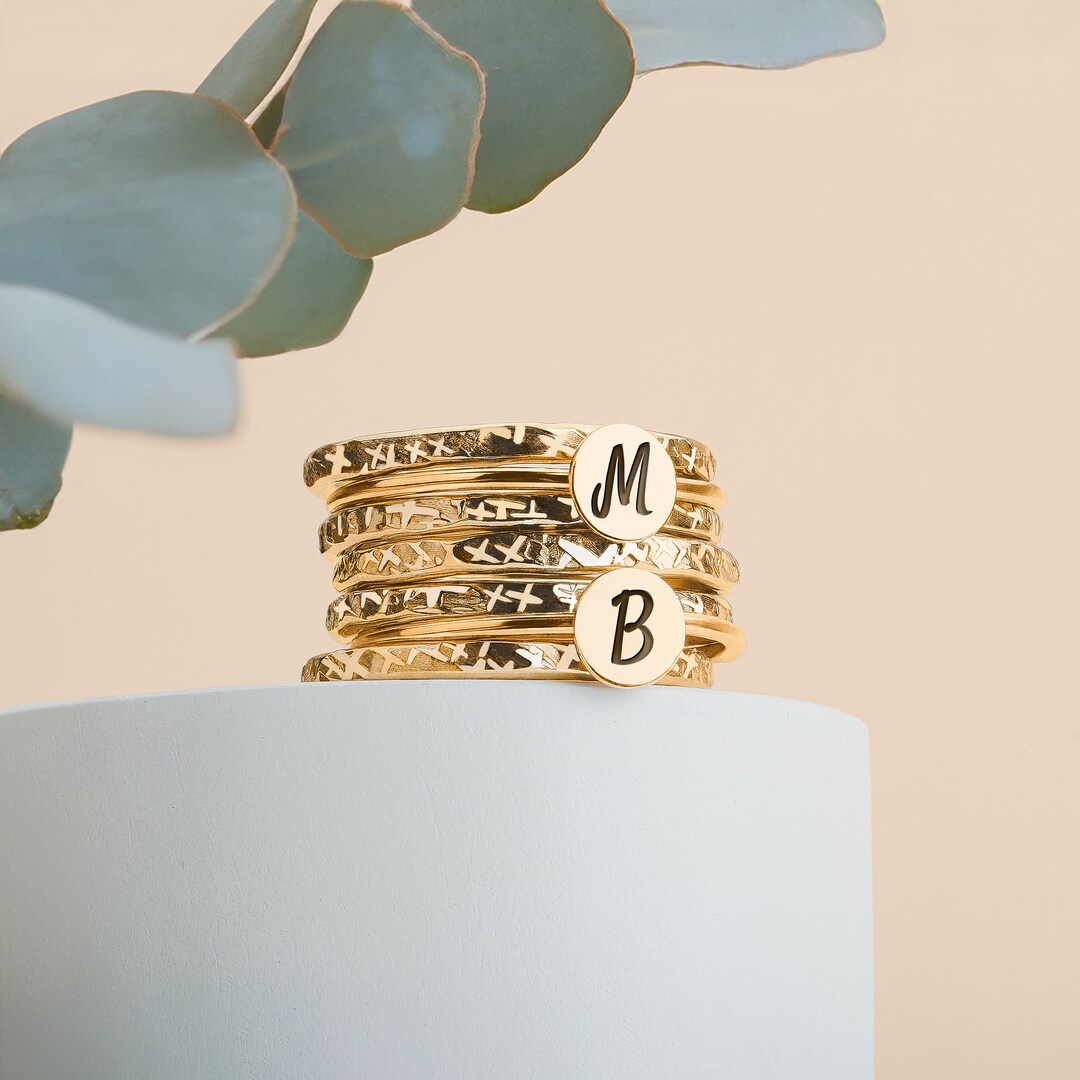 Initial Stacking Rings Set of 7 in Gold, Silver, or Rose Gold | Personalized Custom Letter ...