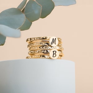 Initial Stacking Rings Set of 7 in Gold, Silver, or Rose Gold Personalized Custom Letter ...
