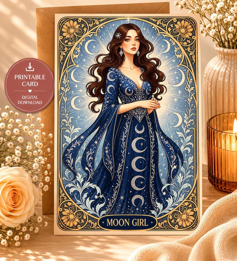 Printable Moon Girl Wall Art, Art Nouveau Digital Download, Celestial ...