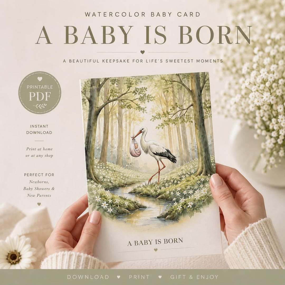 Watercolor Stork Baby Card | Nordic Newborn Congratulations Card ...