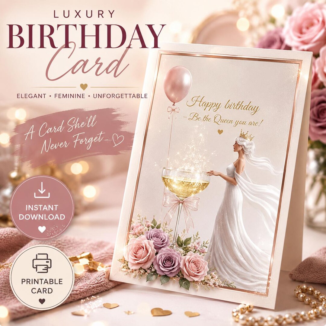 Luxury Printable Birthday Card for Her, Elegant Pink & Gold Birthday ...