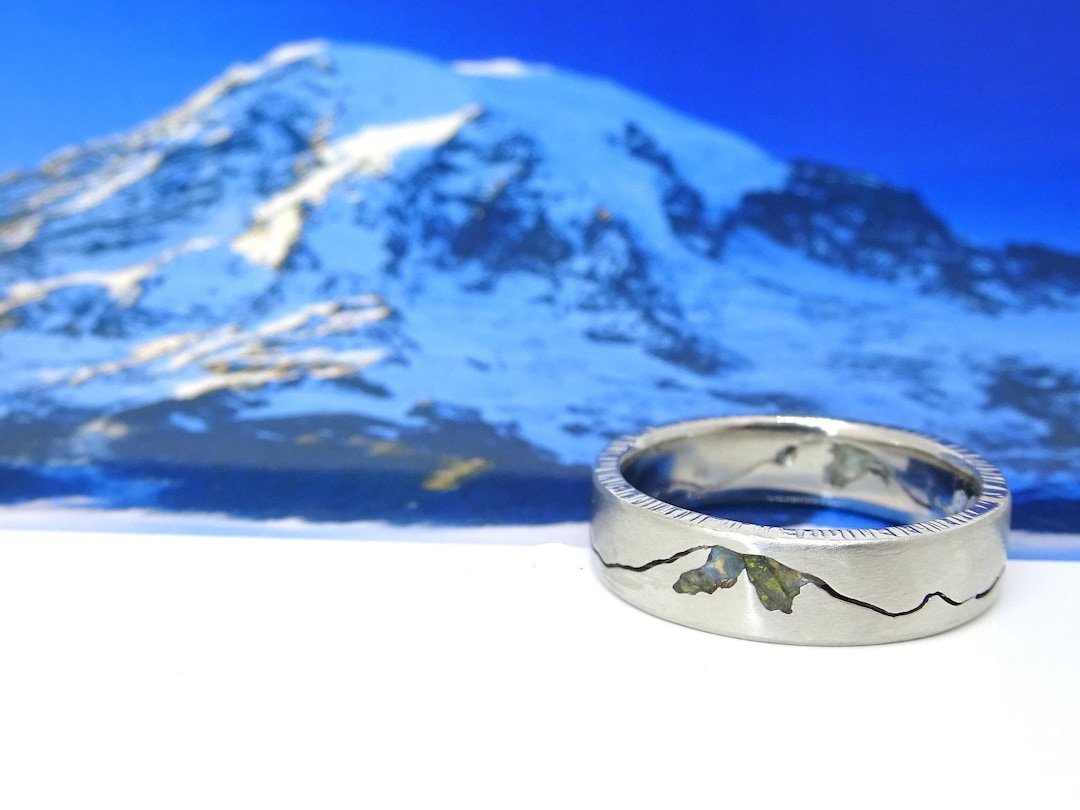 Custom Summit Mountain Ring | Stone Inlay Gold Wedding Band ...