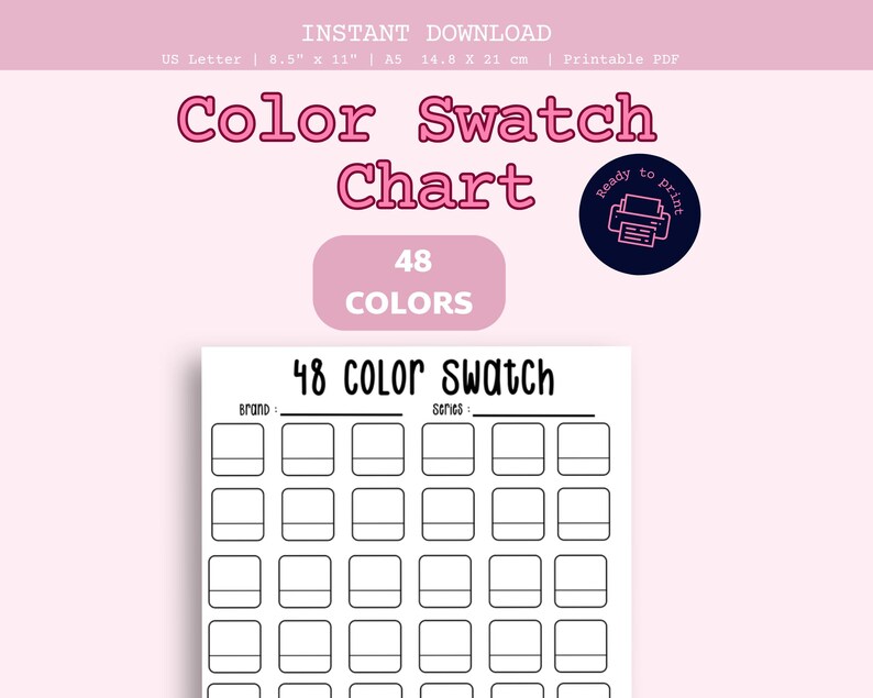 48 Color Swatch Chart Printable, Marker Swatch Sheet, Colored Pencil ...