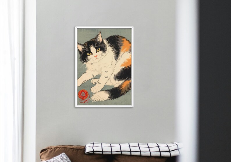 Japanese Ukiyo-e Cat Print | Calico Cat With Red Yarn Ball | Woodblock ...
