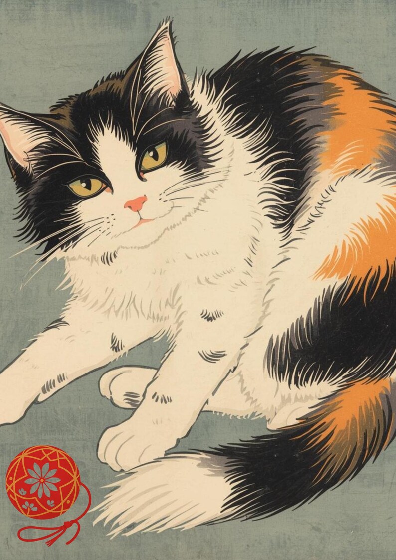 Japanese Ukiyo-e Cat Print | Calico Cat With Red Yarn Ball | Woodblock ...