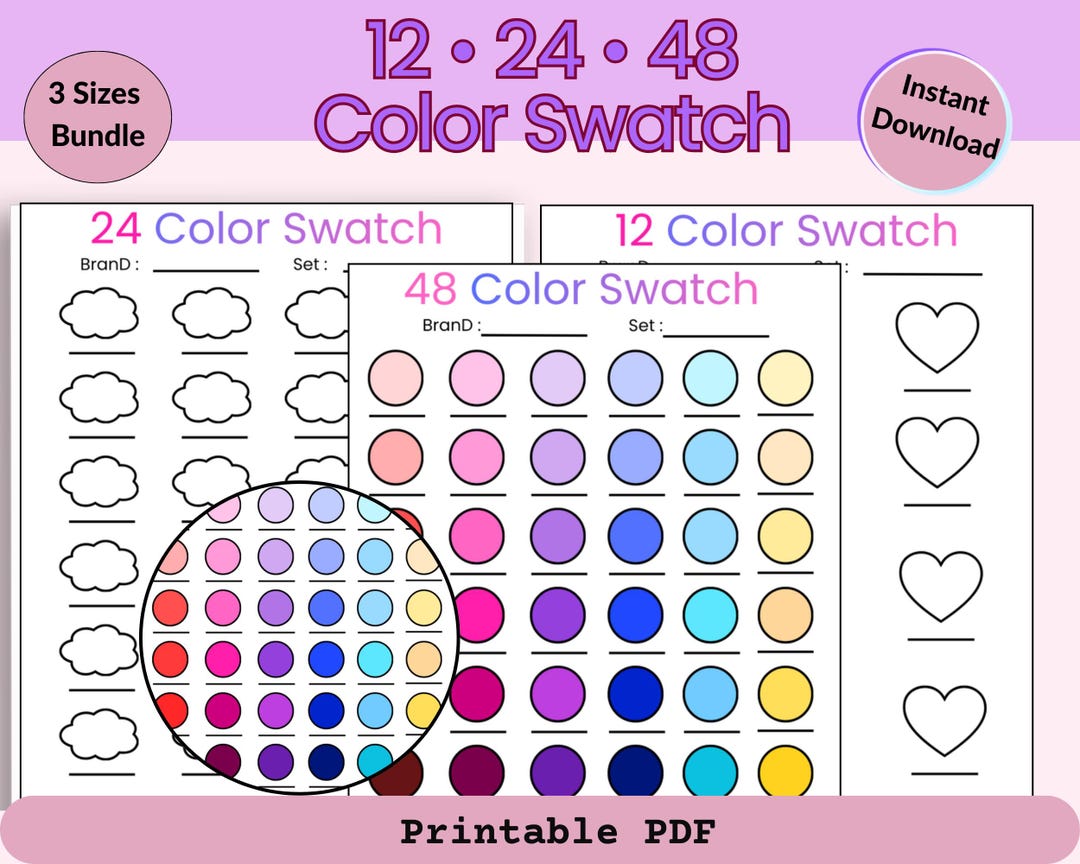 Color Swatch Chart Bundle 12 24 48 Colors Printable PDF Pencil Tracker ...