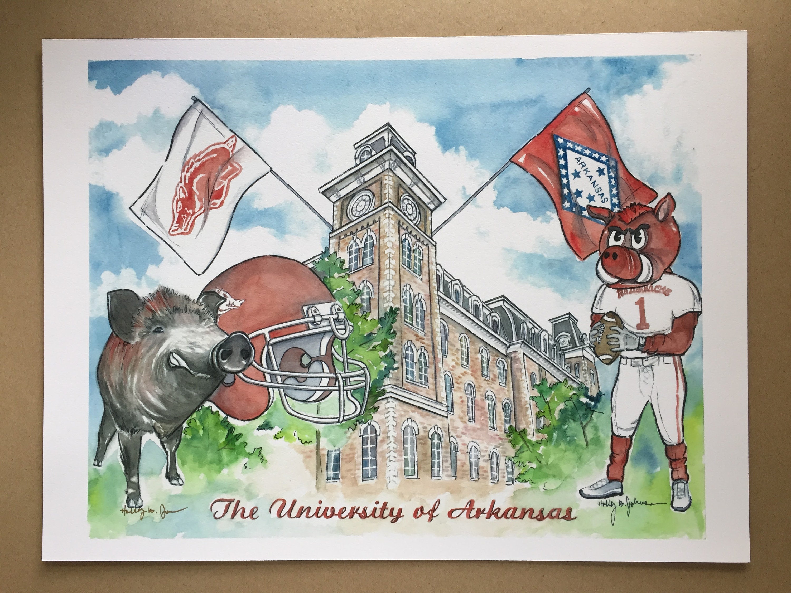 Arkansas Razorbacks Watercolor Art Print: Fayetteville Campus, Pig ...