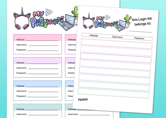 Password List for Kids // Girls Password Tracker // Back to | Etsy