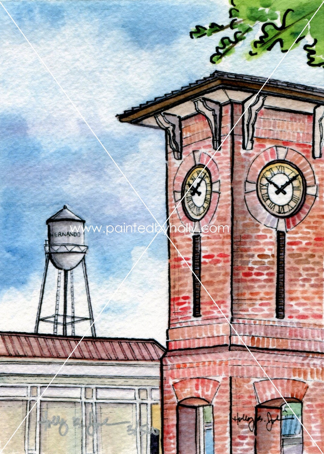 Hernando Mississippi Art Print: Water Tower & Clock Tower Watercolor - Etsy