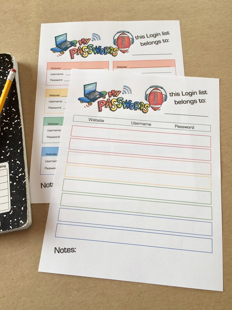 Password List for Kids // Boys and Girls Password Tracker // | Etsy
