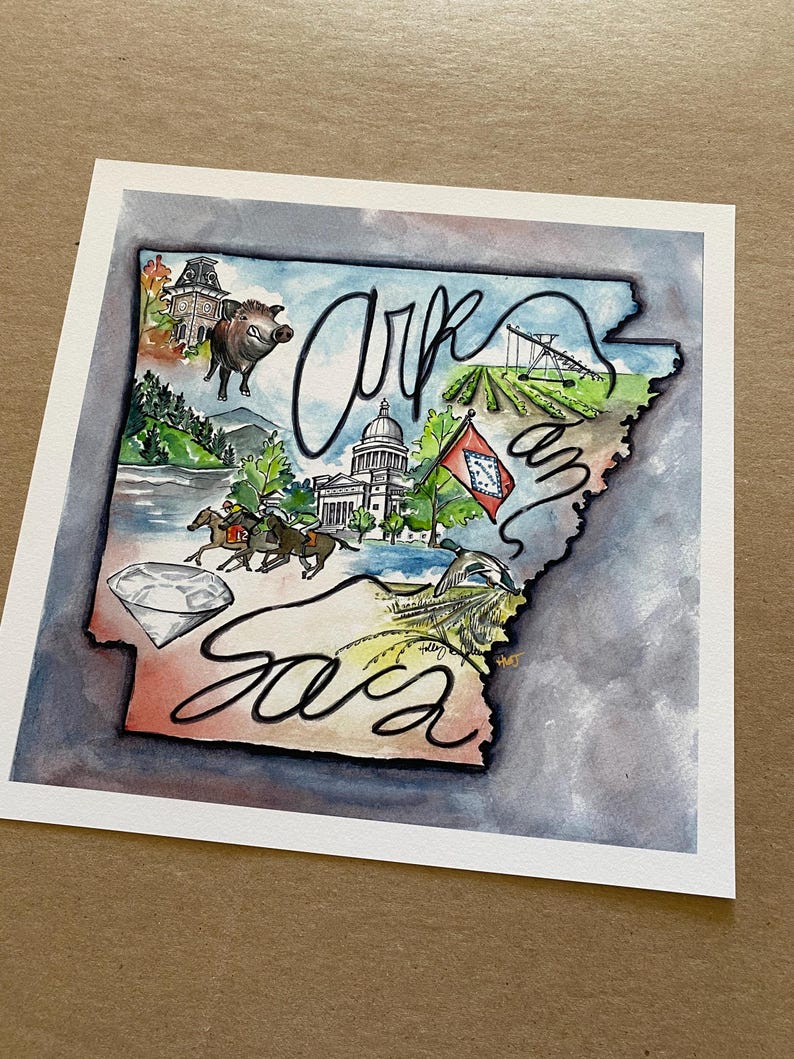 Arkansas Art Print: State Map Watercolor Painting (9x9 Inches) - Etsy