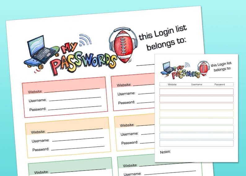 Password List for Kids // Boys and Girls Password Tracker // Back to ...
