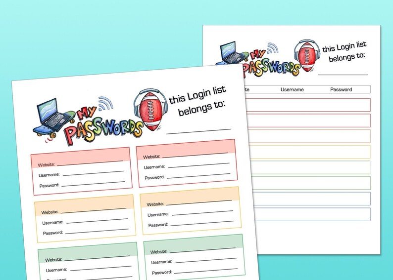 Password List for Kids // Boys and Girls Password Tracker // Back to ...
