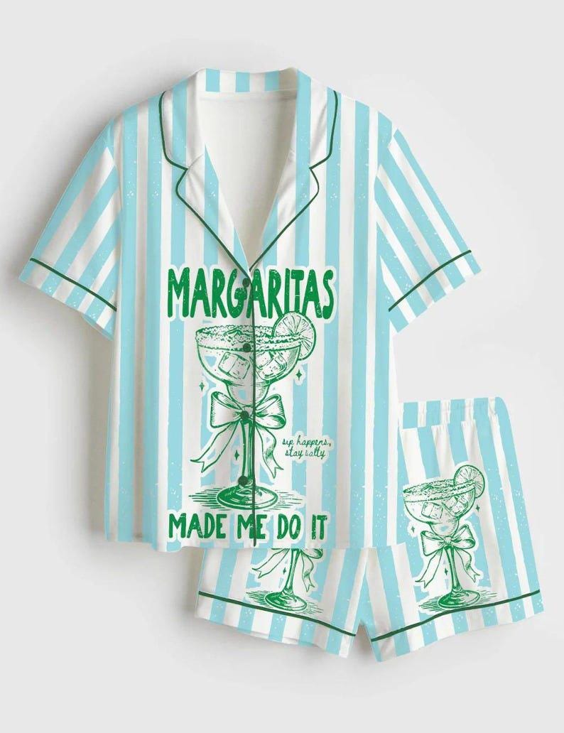 Satin Margarita Pajama Set, Cocktail Drink Print Sleepwear, Funny ...