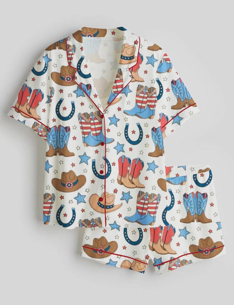 Satin Pajama Set, Cowboy Boots Stars Print Sleepwear, Western Unisex ...