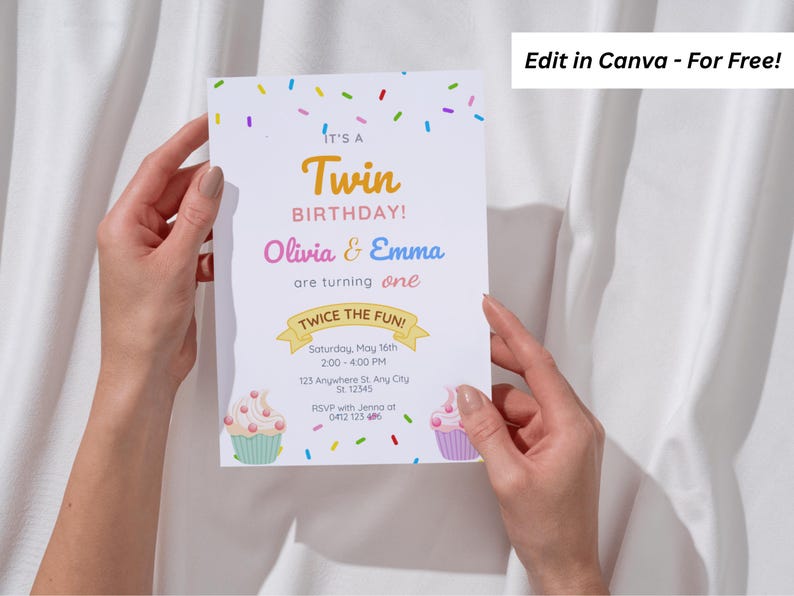 Editable Twin Birthday Invitation, Double Fun Sibling Party, Confetti ...