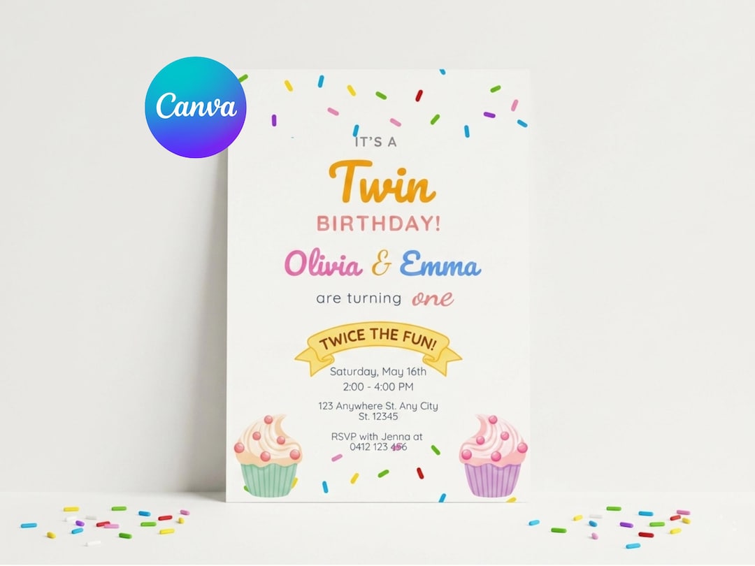 Editable Twin Birthday Invitation, Double Fun Sibling Party, Confetti ...