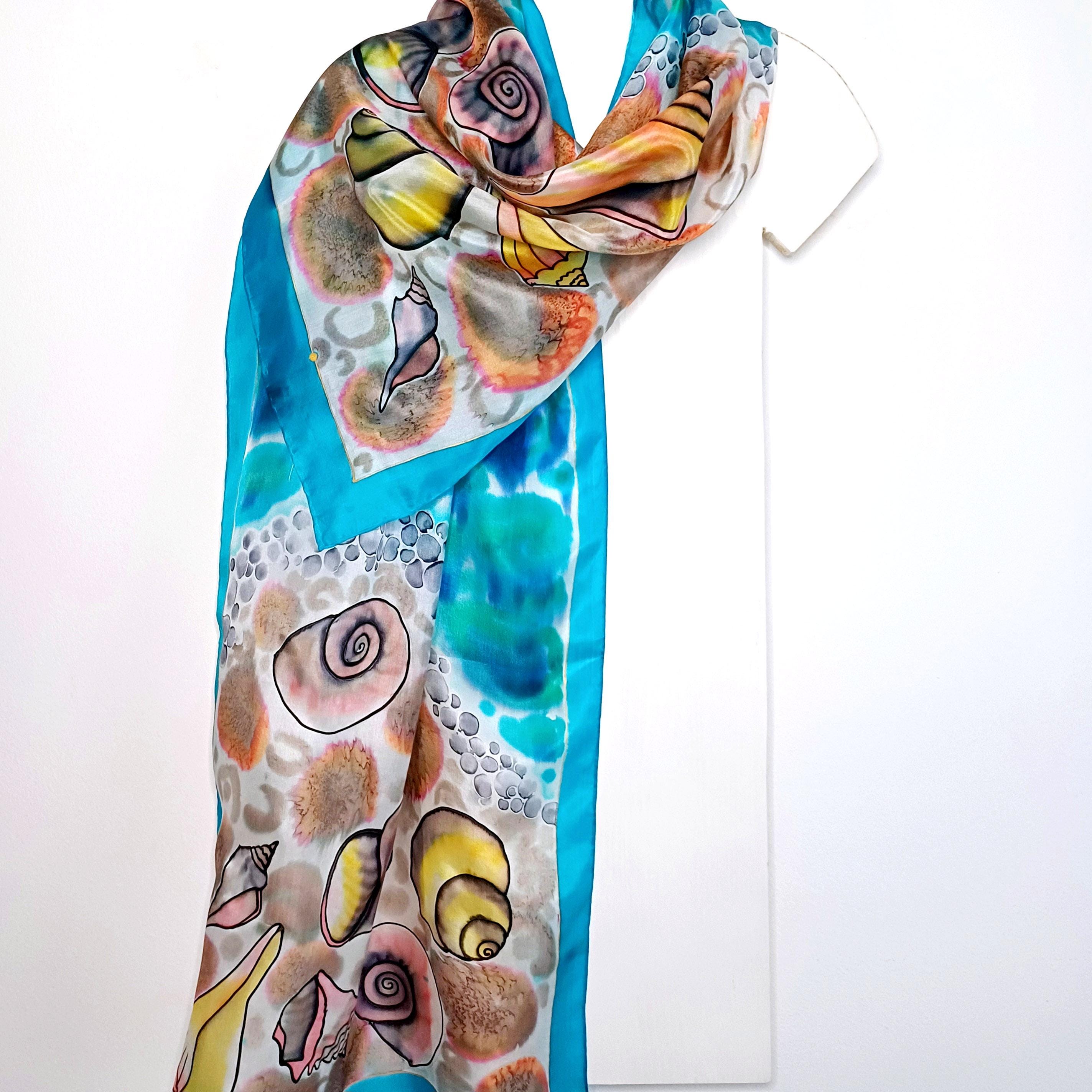 Silk Scarf, Sea Shells, Blue and Beige Long, Handpainted Scarf - Etsy