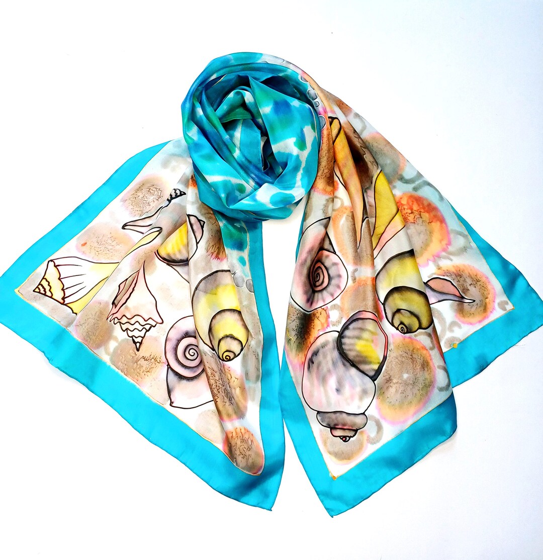 Silk Scarf, Sea Shells, Blue and Beige Long, Handpainted Scarf - Etsy