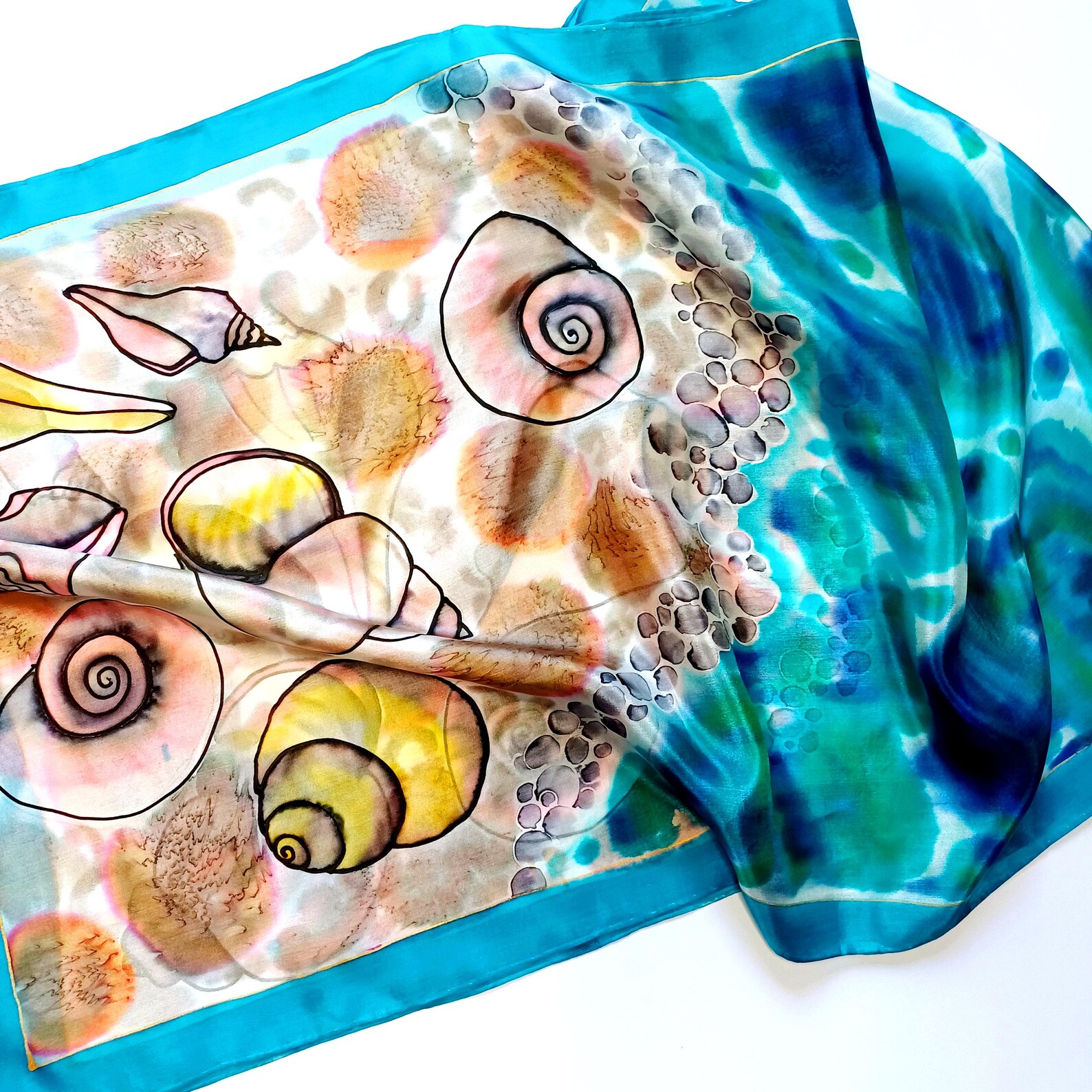 Silk Scarf, Sea Shells, Blue and Beige Long, Handpainted Scarf - Etsy