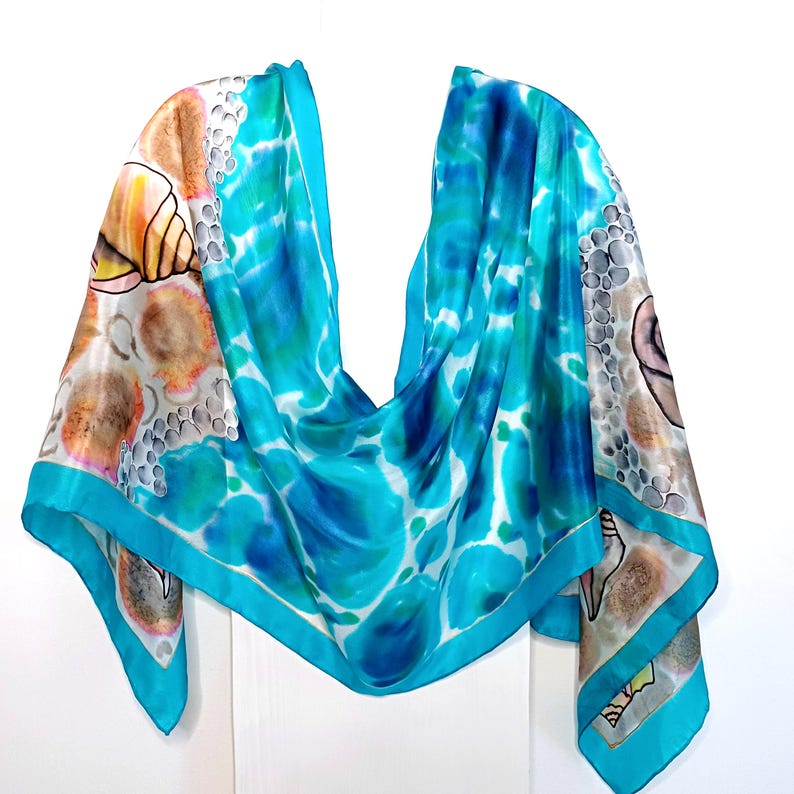 Silk Scarf, Sea Shells, Blue and Beige Long, Handpainted Scarf - Etsy