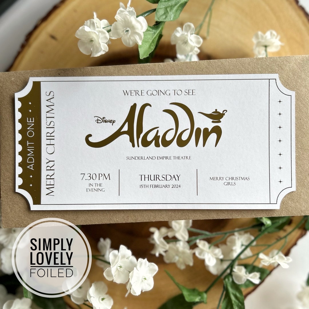 Pantomime Ticket Aladdin Musical West End Show Theatre Gift Reveal Personalised Foil Ticket ...