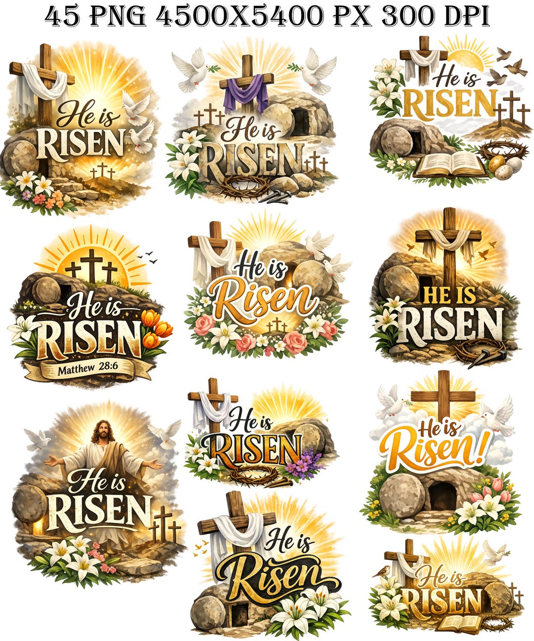 He is Risen Retro Christian Easter Bundle PNG - Floral Cross Tomb ...
