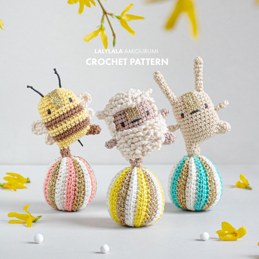 Crochet Pattern Dancing Rabbit Bee & Lamb on Striped Easter Eggs, for ...