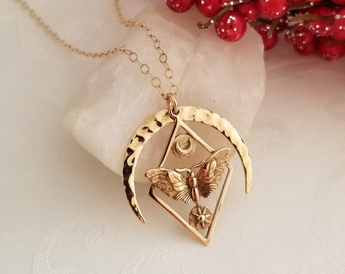 CUSTOM, Gold Moth Necklace, Moth Sun and Moon Charm Necklace, Bronze ...