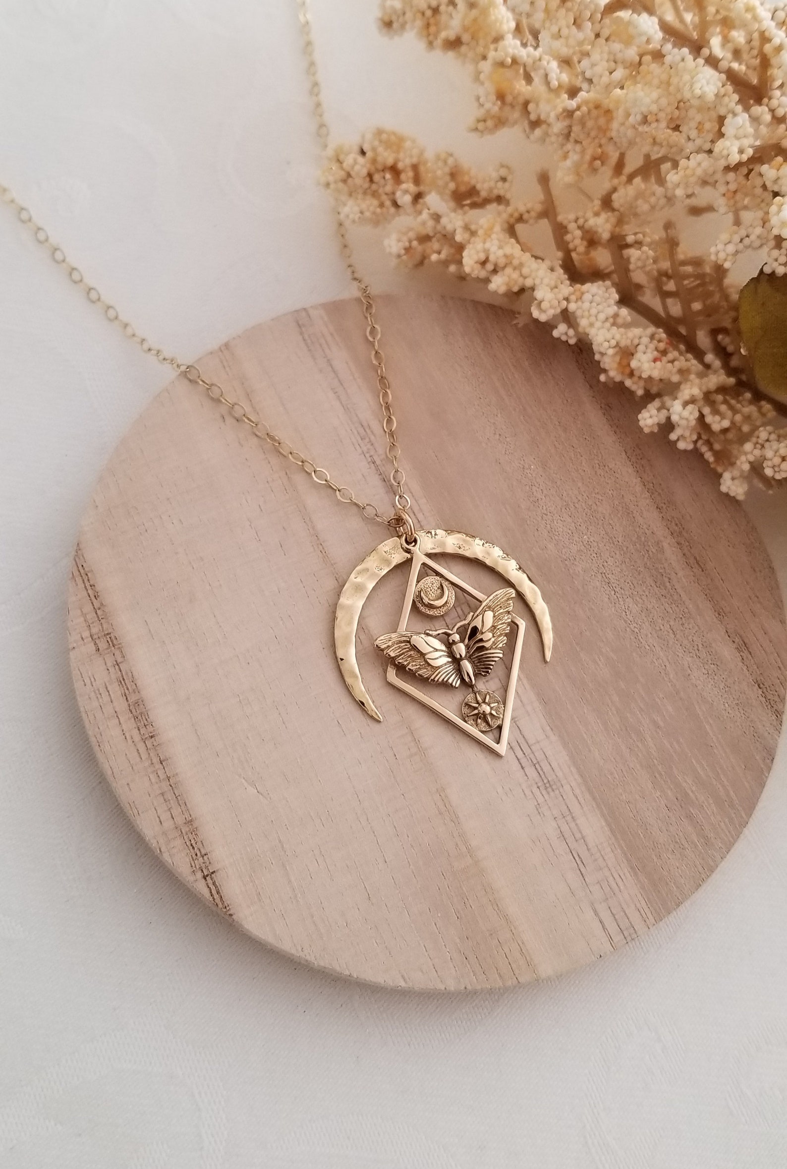 CUSTOM, Gold Moth Necklace, Moth Sun and Moon Charm Necklace, Bronze ...