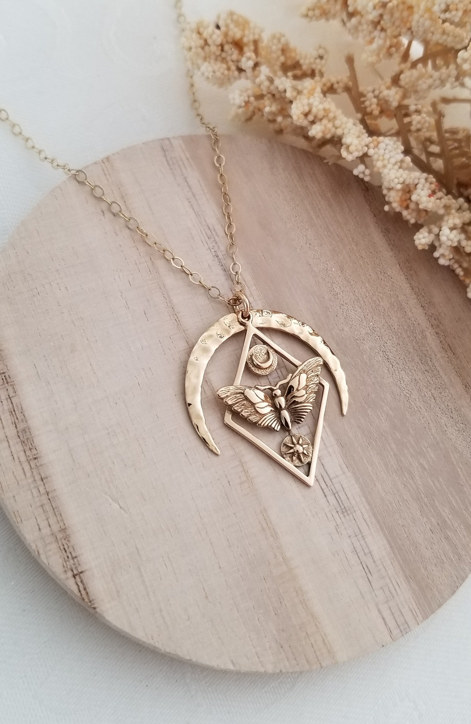CUSTOM, Gold Moth Necklace, Moth Sun and Moon Charm Necklace, Bronze ...