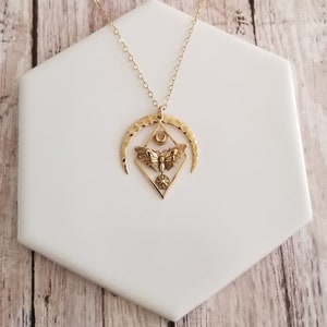 Gold Moth Necklace, Moth Sun and Moon Charm Necklace, Bronze Moth ...